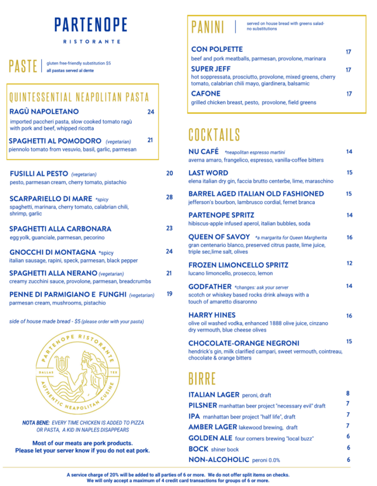 Lunch Menu | Best Italian Food | Partenope Ristorante