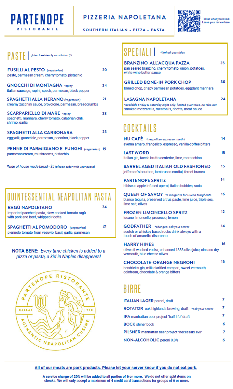 Neapolitan Pizza & Italian Dinner Menu in Richardson, TX | Partenope ...